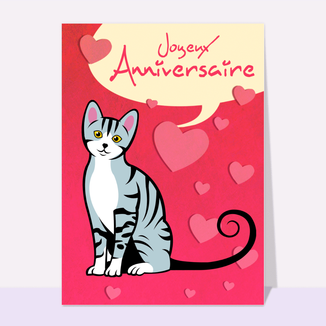 Chat adorable sur fond de cœurs pour fêter l'anniversaire