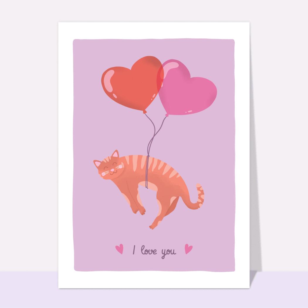 Chat joyeux avec coeurs en vol - Carte saint-valentin mignonne