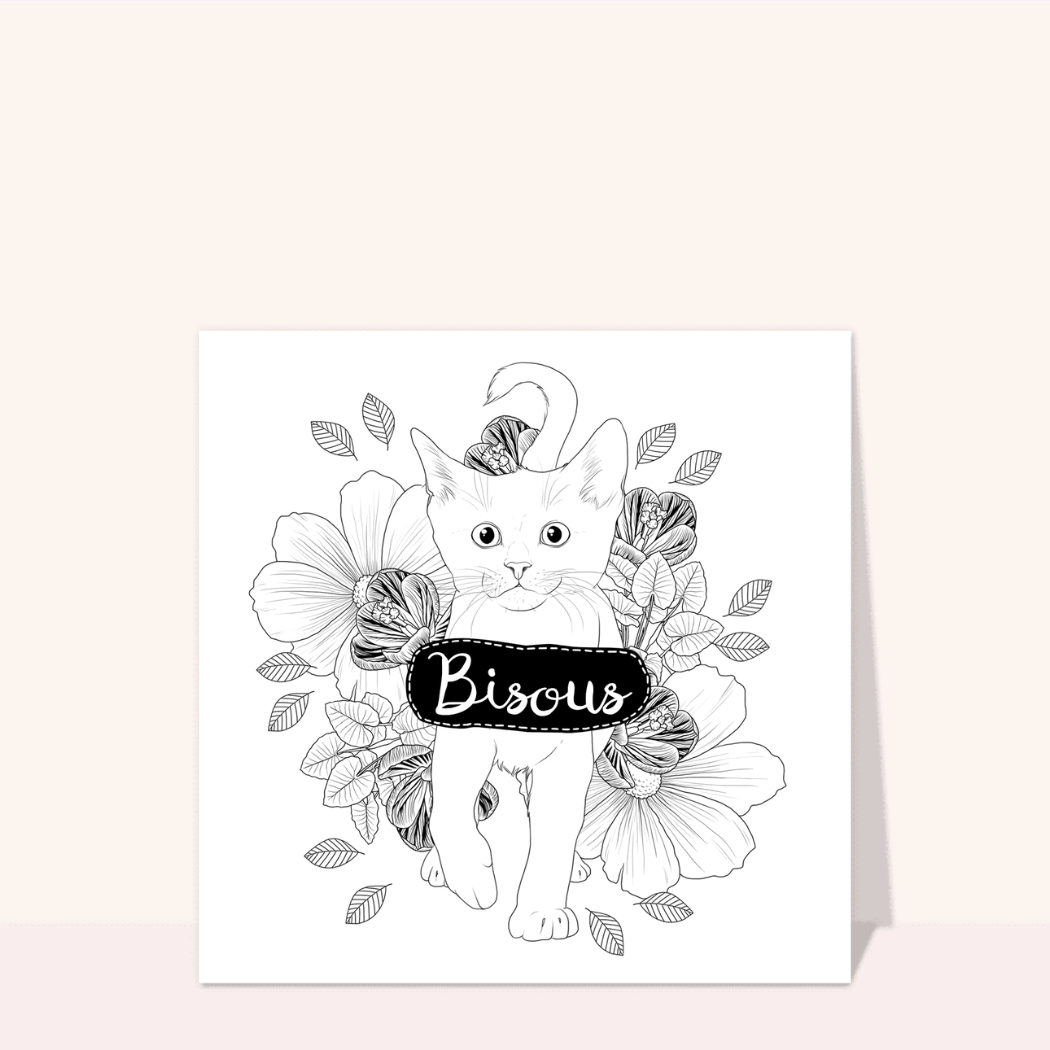 Chat mignon et fleurs à colorier - Carte coloriage
