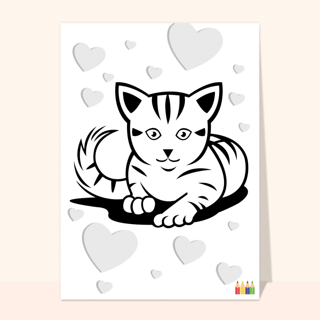 Chaton curieux parmi des coeurs à colorier - Carte coloriage