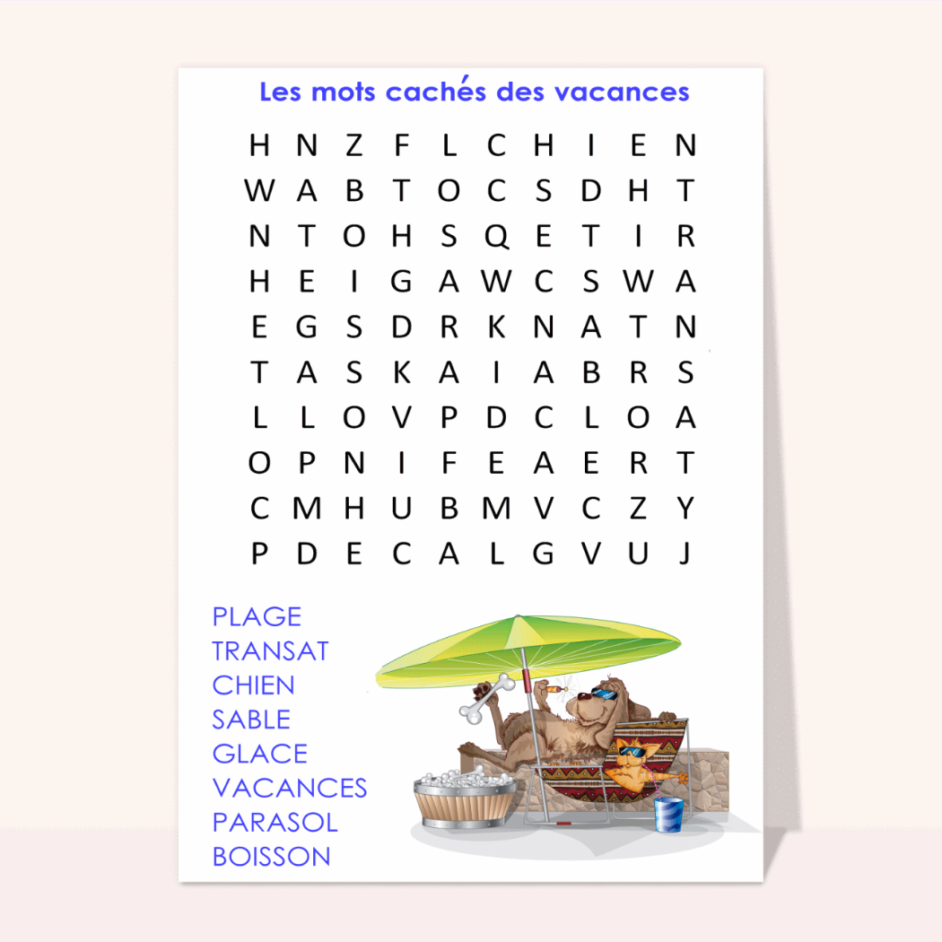 Cherche et trouve les mots des vacances - Carte des mots pour jouer