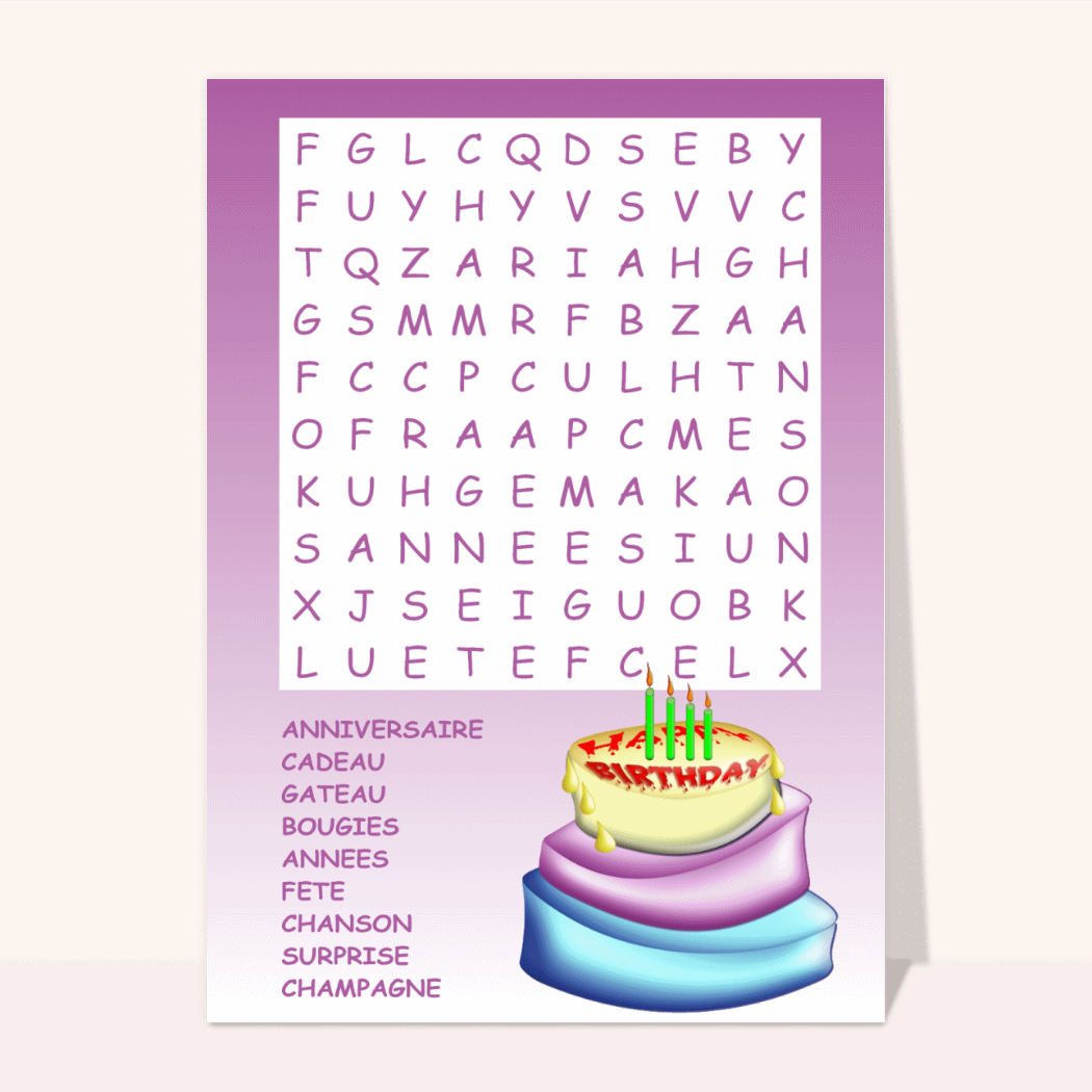 Mots cachés pour un anniversaire joyeux - Carte des mots pour jouer