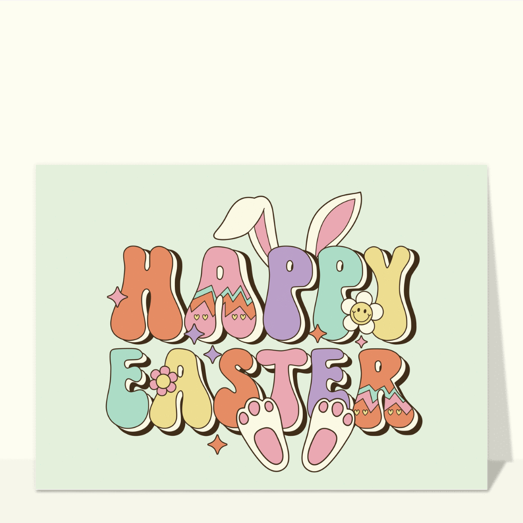 Happy Easter avec un lapin et des fleurs - Carte de pâques