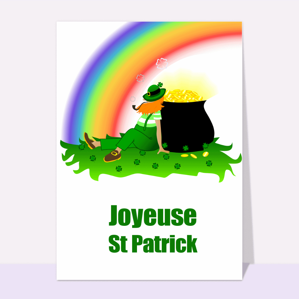 Carte saint patrick lutin chanceux au pied de l'arc-en-ciel