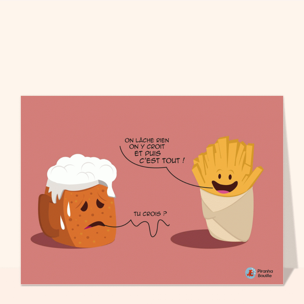 Une frite et une bière en conversation drôle - Carte humour