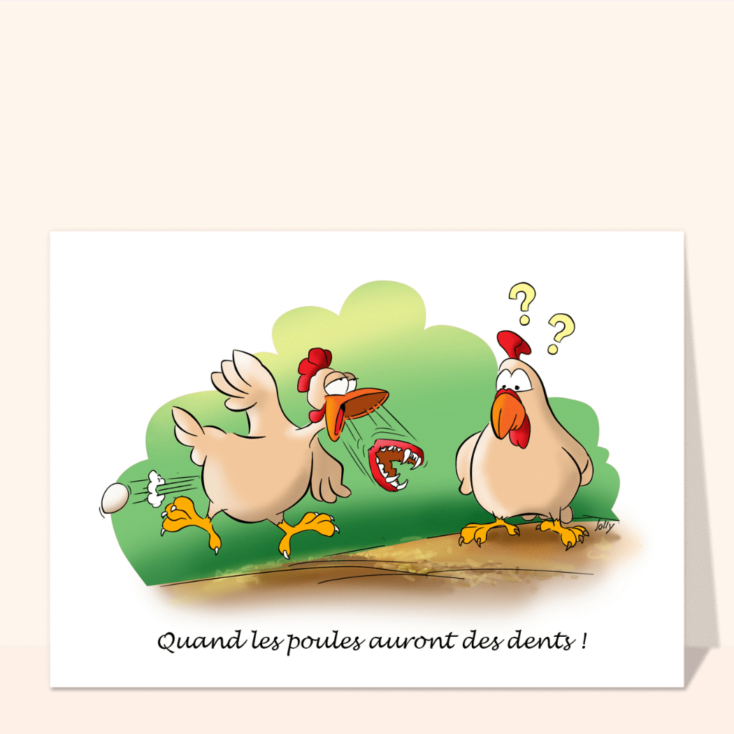 Poule qui fait des vagues et sourires - Carte humour