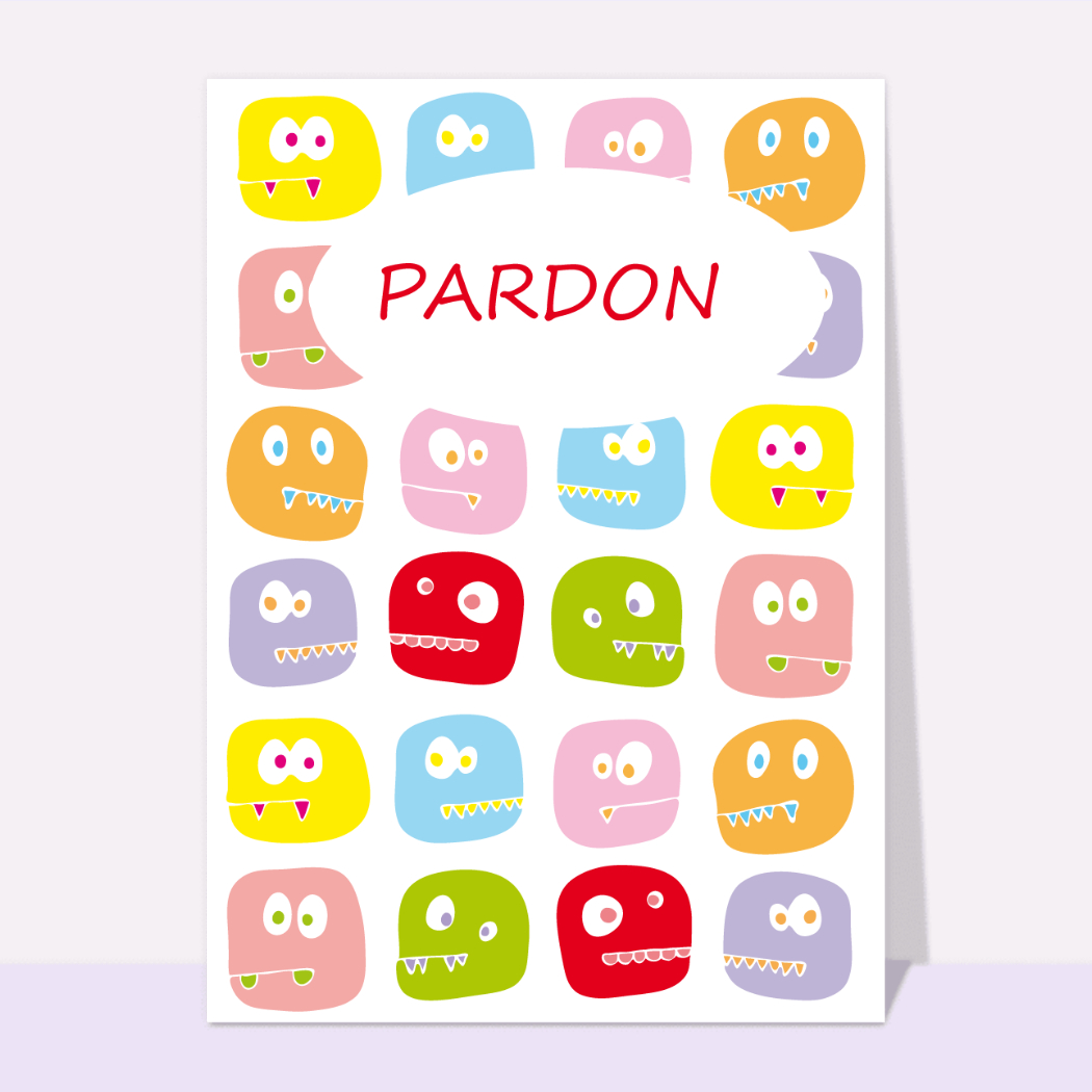 Pardon avec des monstres colorés amusants - Carte d'excuse