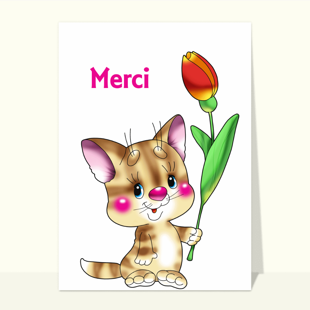 Un chat mignon vous dit merci avec des fleurs - Carte remerciement