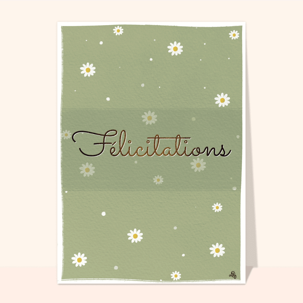 Félicitations sur fond vert et fleurs blanches - Carte félicitation