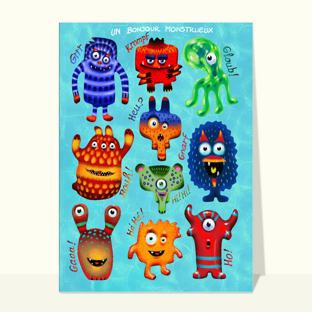 Bonjour coloré avec des monstres amusants - Carte pour dire bonjour