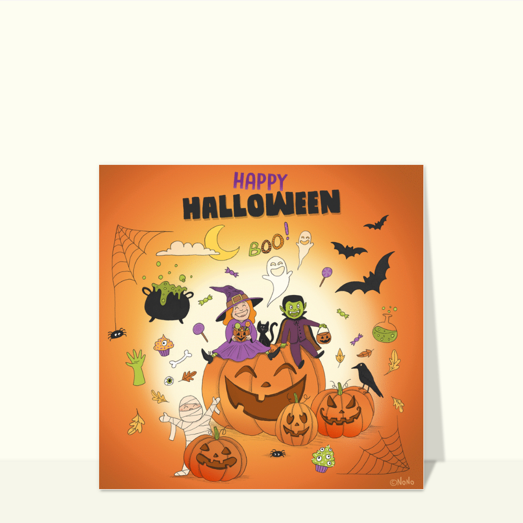 Monstres amicaux et citrouilles joyeuses - Carte halloween pour enfant