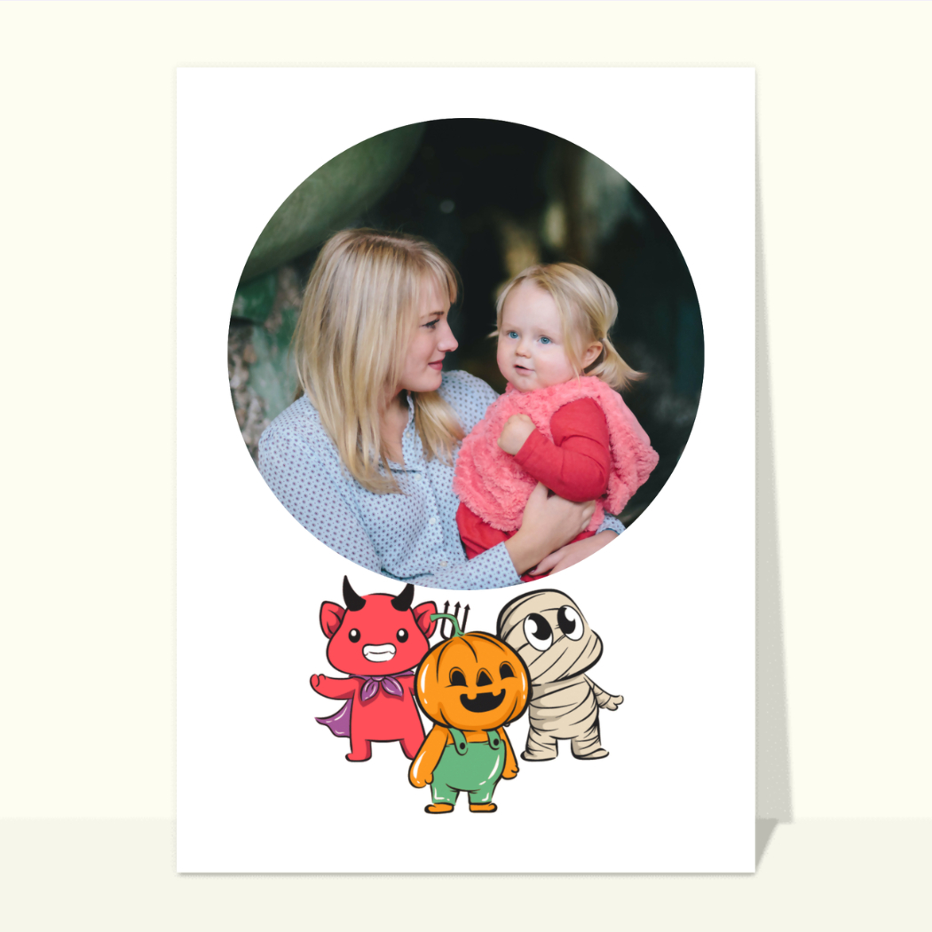 Monstres mignons et citrouille souriante - Carte halloween pour enfant