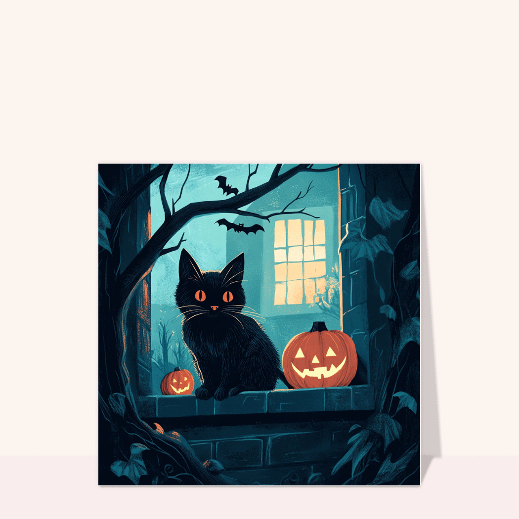 Chat noir mystérieux et citrouilles d'Halloween - Carte halloween