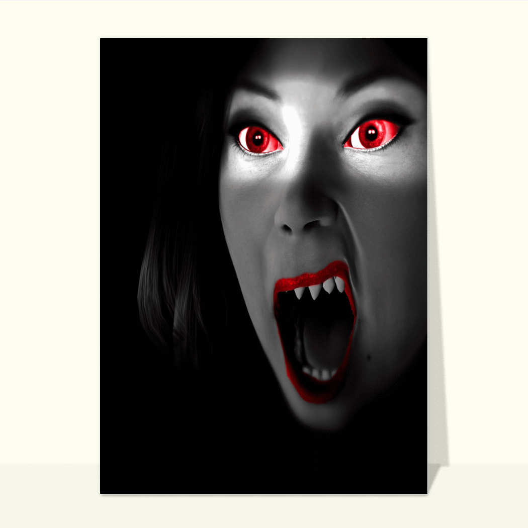 Cri d'effroi avec vampire aux yeux rouges - Carte halloween
