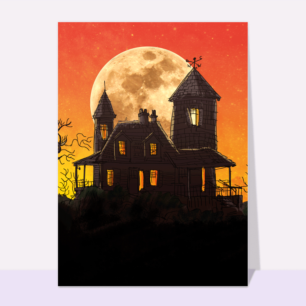 Maison hantée sous la pleine lune d'Halloween - Carte halloween