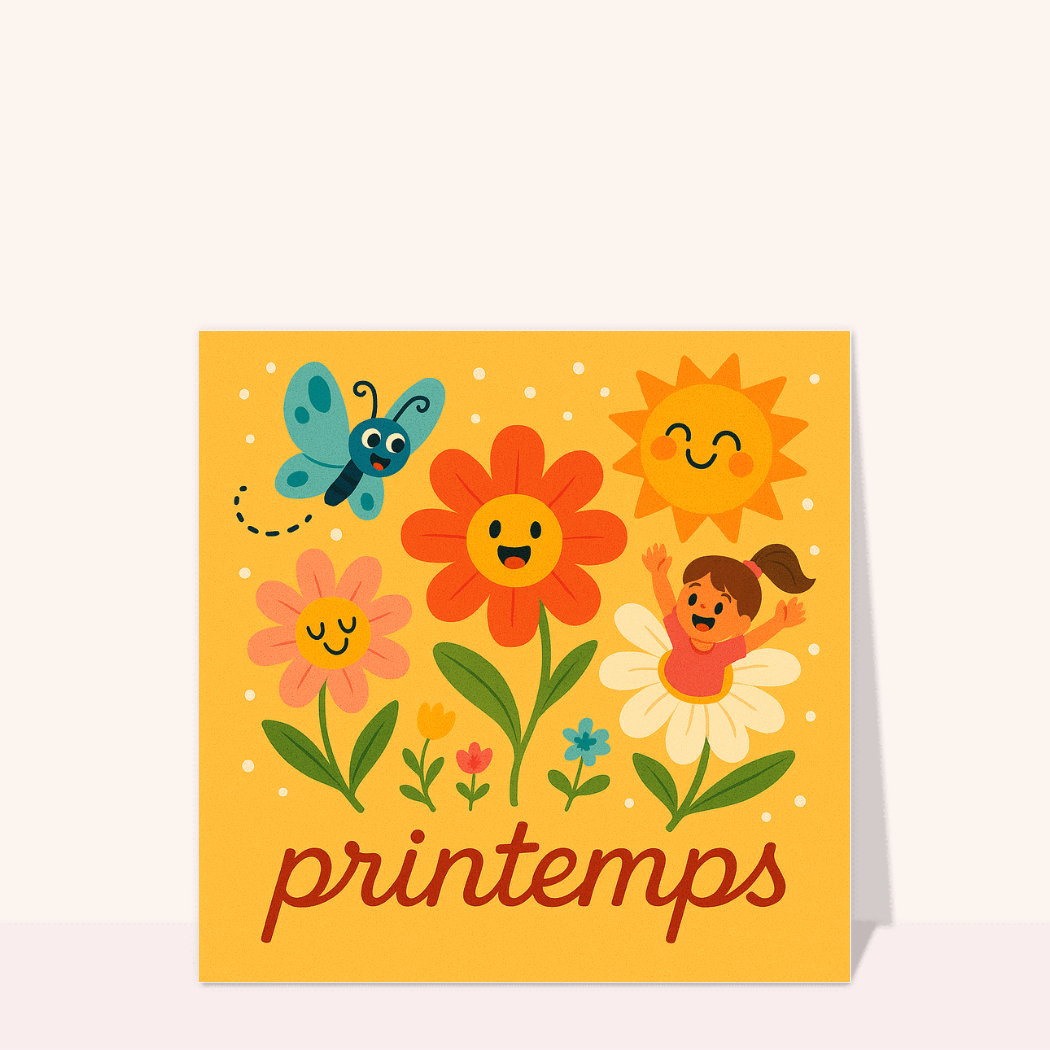 Printemps enjoué avec fleurs et soleil - Carte de mai
