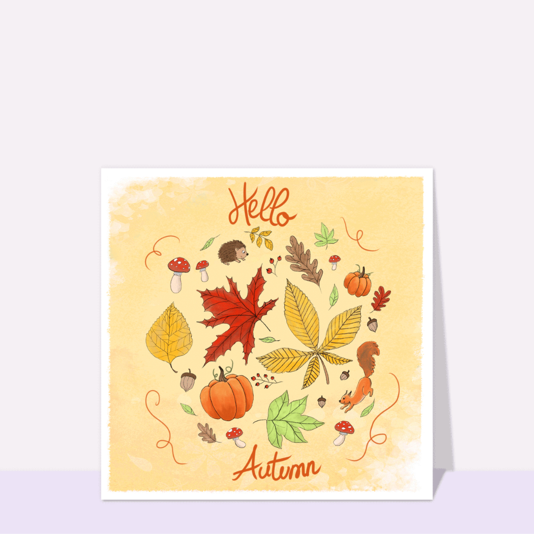 Automne coloré avec écureuil et citrouilles - Carte d'octobre