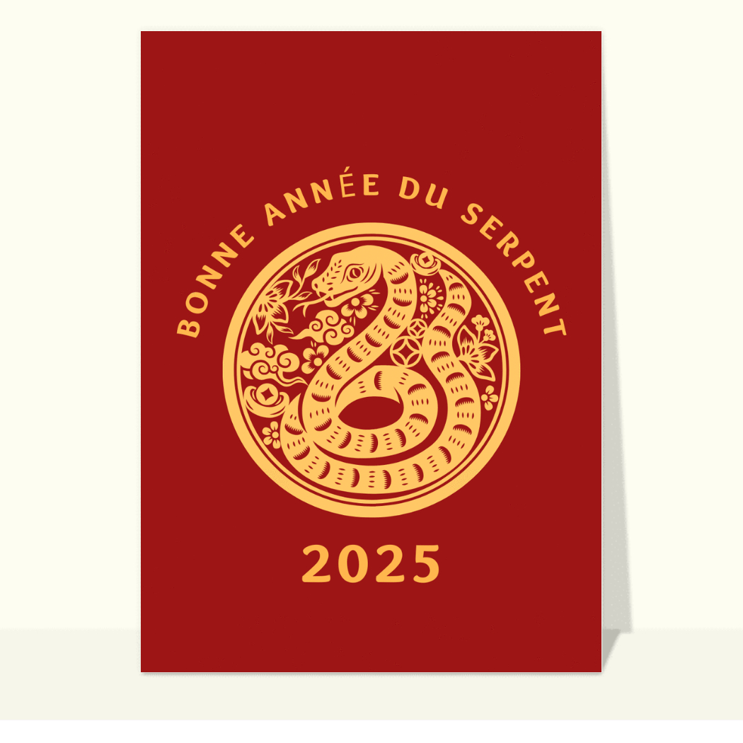 Carte nouvel an chinois 2025 serpent doré sur fond rouge pour 2025