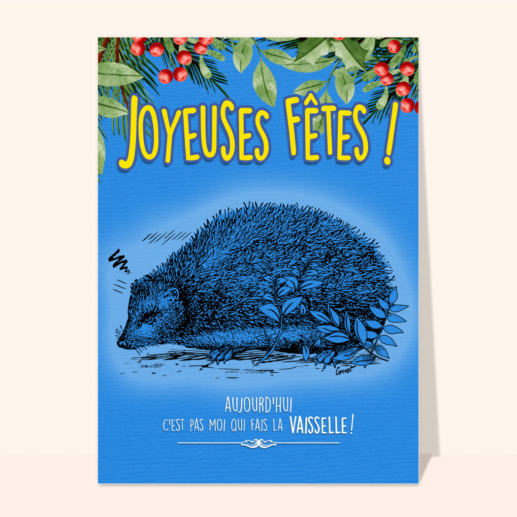 Hérisson humoristique : pas de vaisselle ! - Carte de noël humour