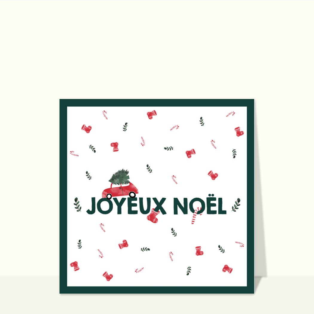Noël en voiture rouge avec sapin festif - Carte de noël minimaliste