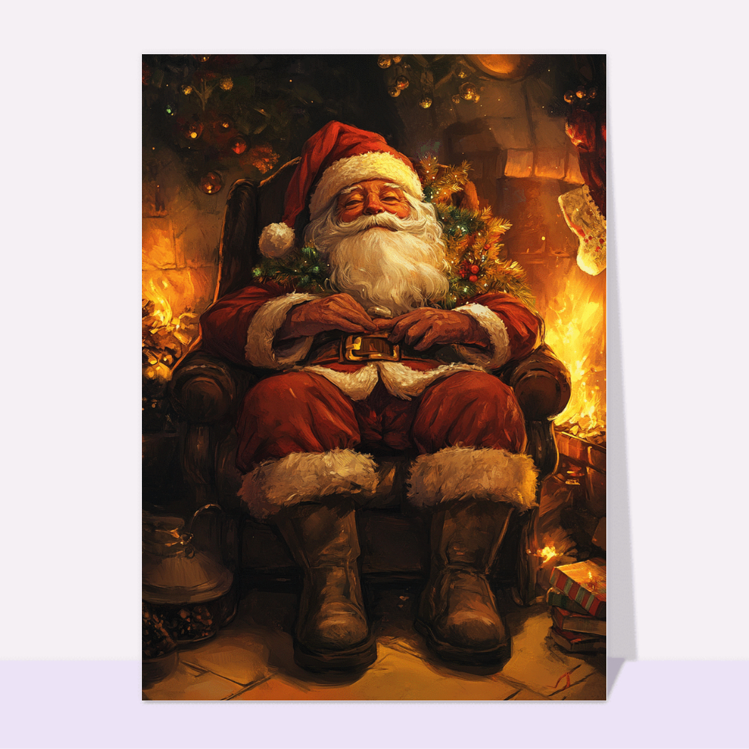 Père Noël endormi près du feu chaleureux - Carte ancienne noël