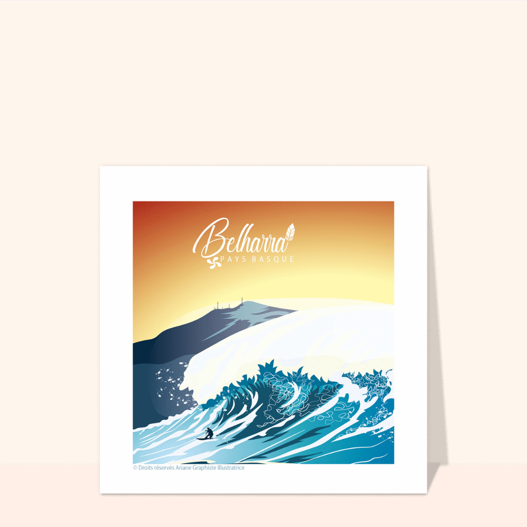 Carte vague majestueuse à belharra au coucher du soleil