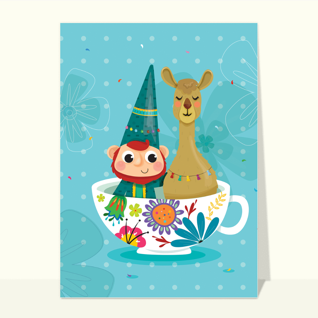 Alpaga joyeux et gnome dans une tasse colorée - Carte d'animaux